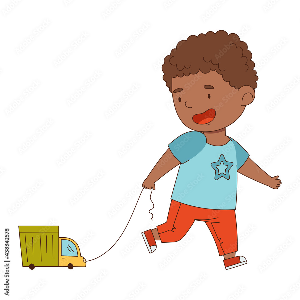 Cute African American Boy Pulling Toy Car by String Having Fun On His ...