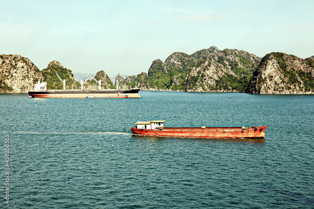 Seagoing vessels, barges, tugboats and small boats at the roadstead of ...