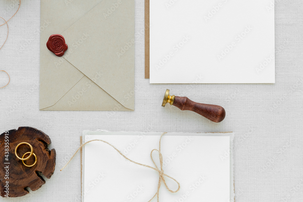 White paper notes and envelope on fabric textured background Stock ...