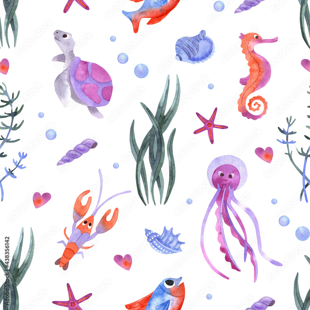 Watercolor sea animals background. Seamless underwater watercolor ...