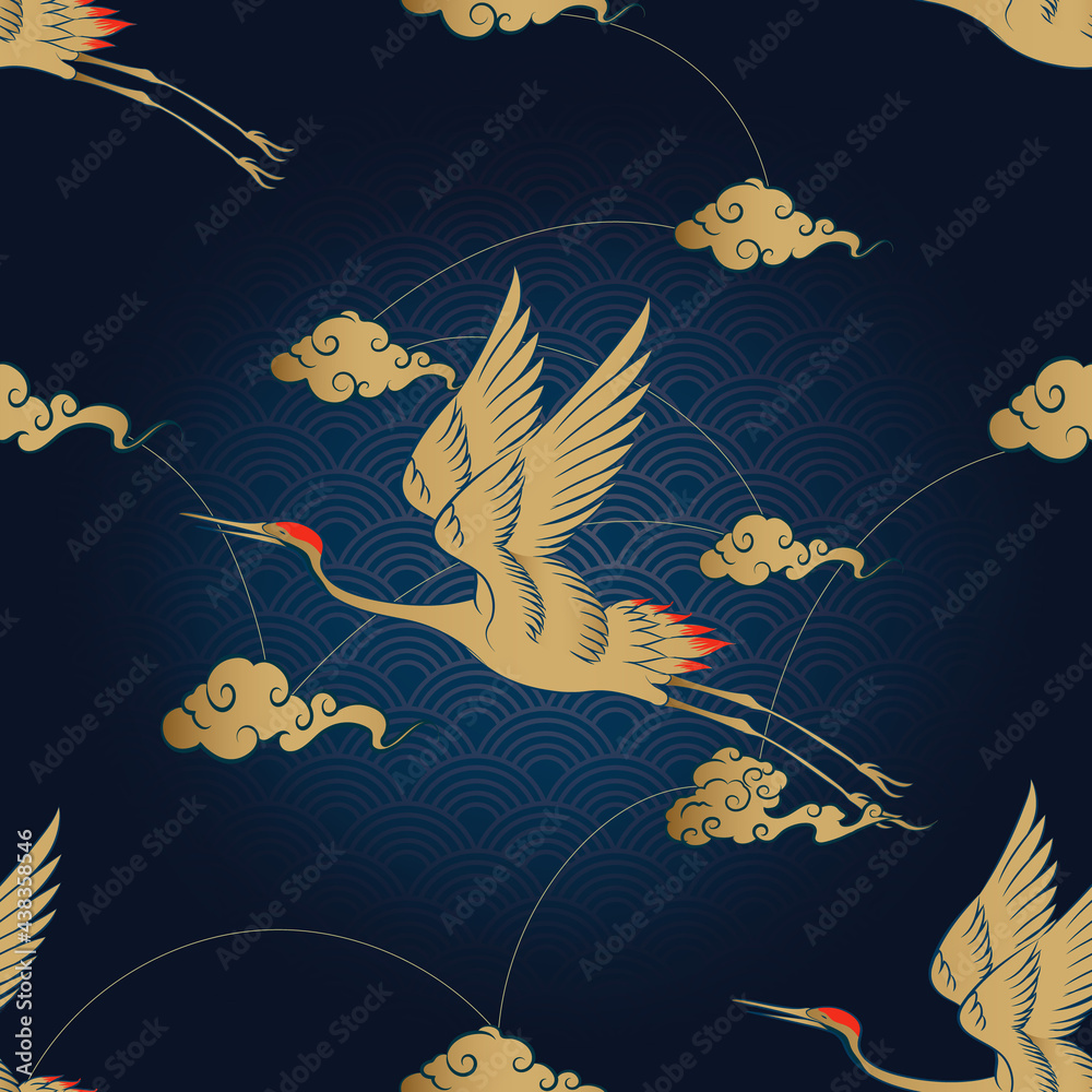Seamless Repeat Pattern Golden Japanese Crane Red Head Flying Through ...