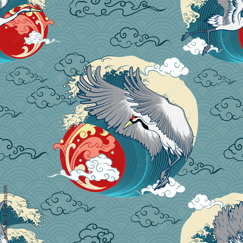 Seamless Art Japanese Repeat Pattern of Double Crane Standing and ...