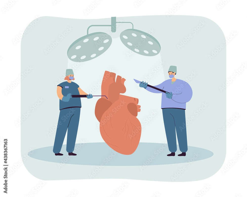 Cardiologists examining heart. Tiny cartoon surgeons with medical tools ...