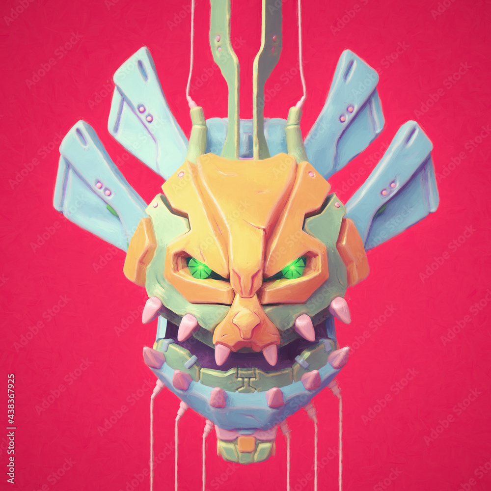 Digital painting of scary futuristic cyborg head with purple teeth ...