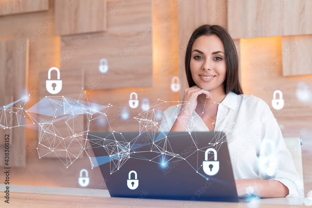 Attractive businesswoman in white shirt at workplace working with ...