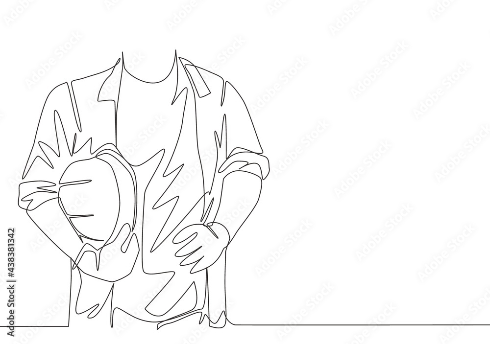 One single line drawing of young handyman wearing uniform while holding ...