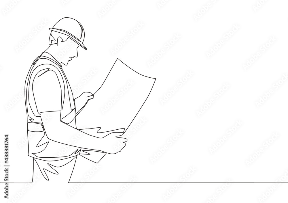 One single line drawing of young handsome architect holding building ...