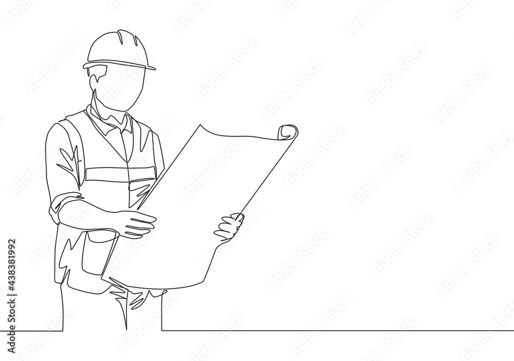Single continuous line drawing of young attractive architect checking ...