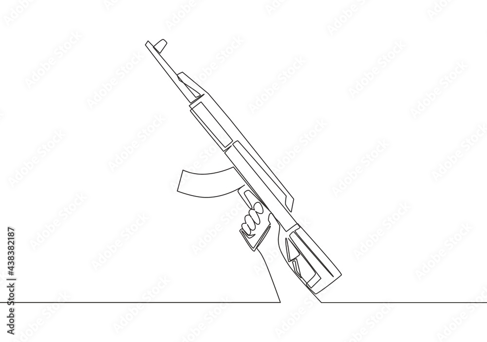 One continuous line drawing of man holding assault rifle automatic gun ...