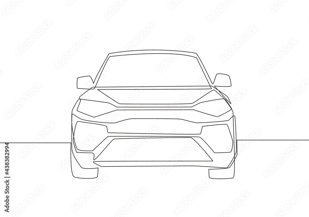 Continuous line drawing of luxury suv car from front view. Urban city ...