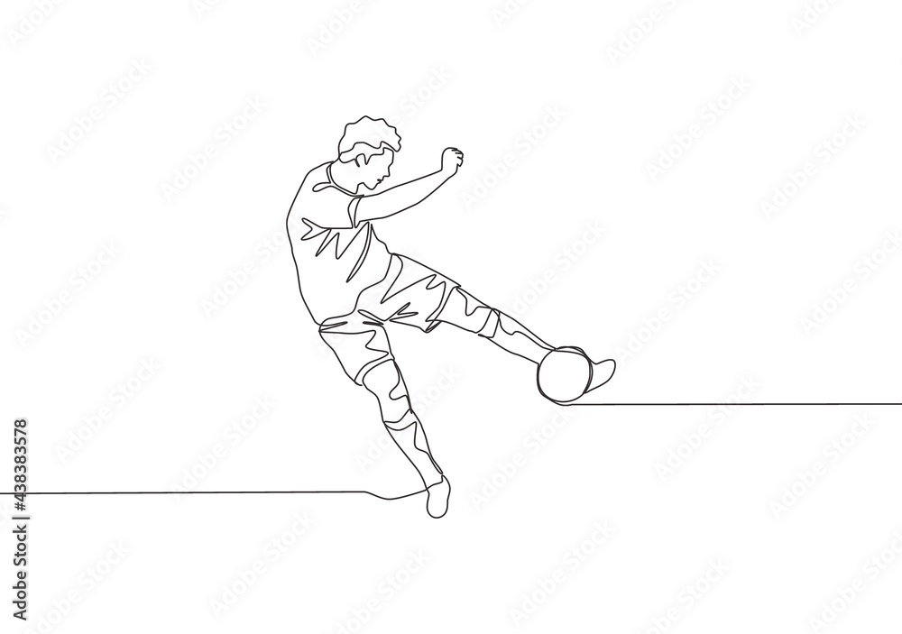 One continuous line drawing of young talented football player shooting ...