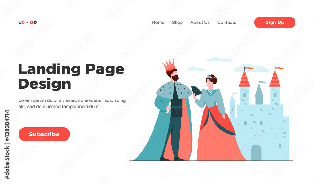 King and queen standing in front of castle flat vector illustration ...
