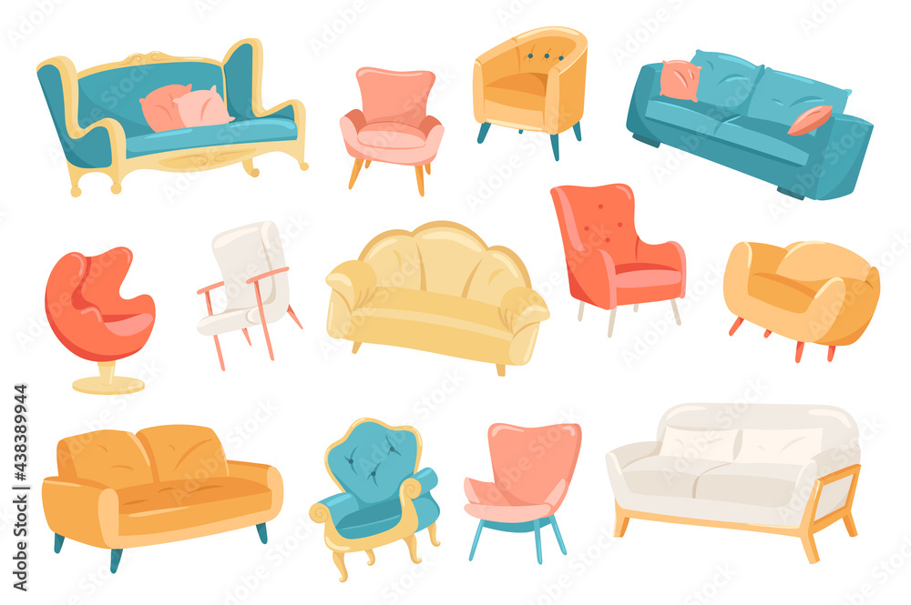 Furniture cute stickers isolated set. Collection of armchairs and sofas ...