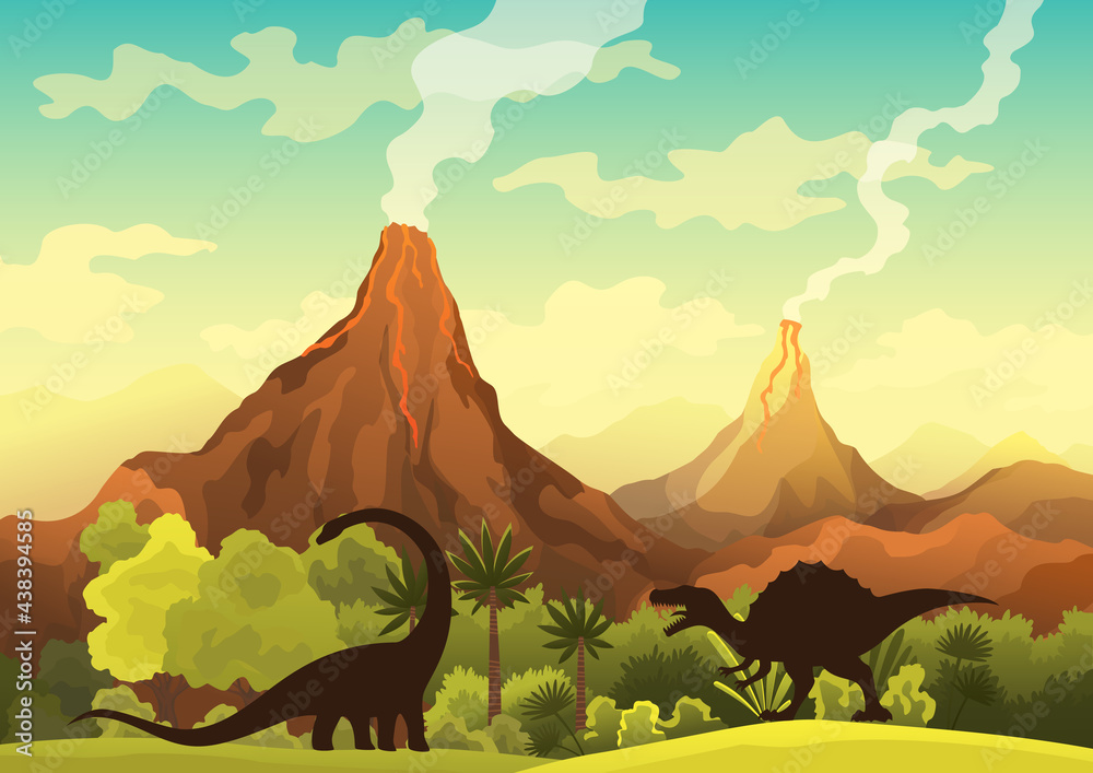 Prehistoric landscape - volcano with smoke, mountains, dinosaurs and ...