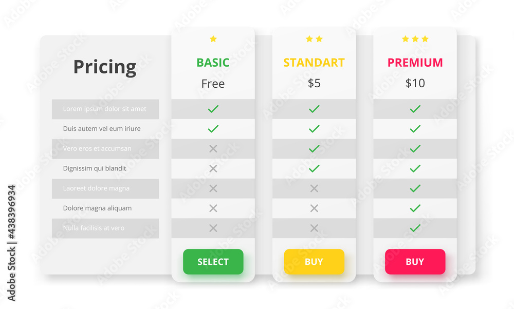 UX UI design pricing list template vector illustration. User interface ...