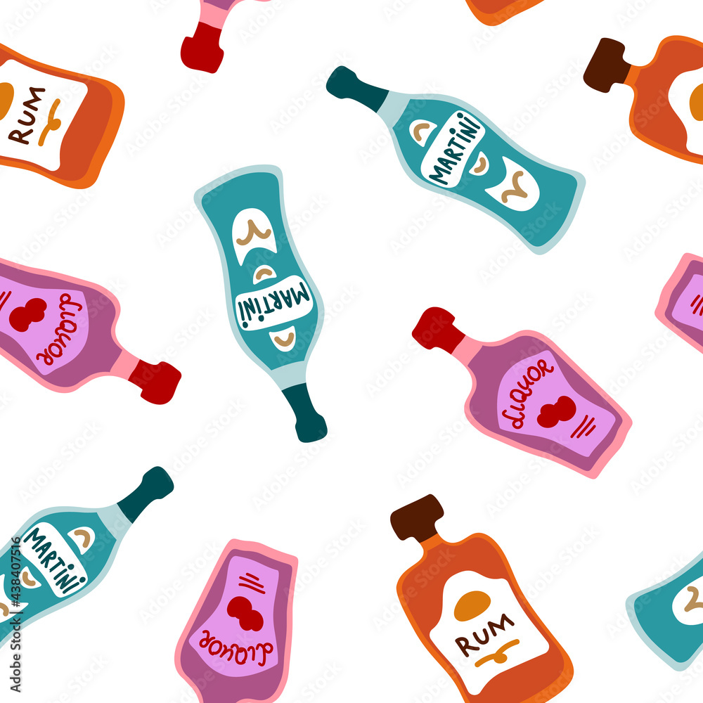 Martini liquor and rum bottles seamless pattern. Great design for any ...