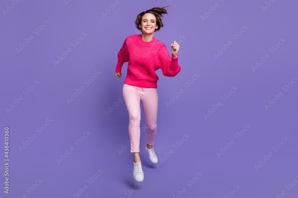 Full body portrait of nice satisfied person running fast toothy smile ...