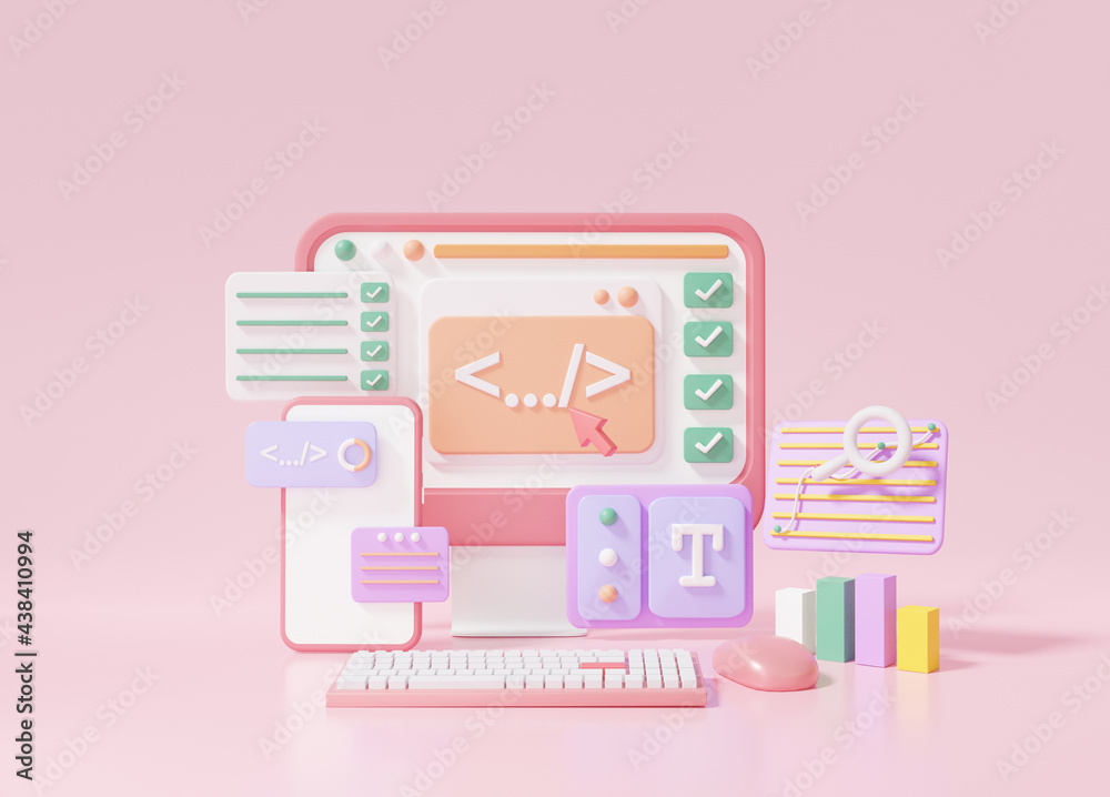 3d render UI/UX design concept. Mobile application development, coding ...