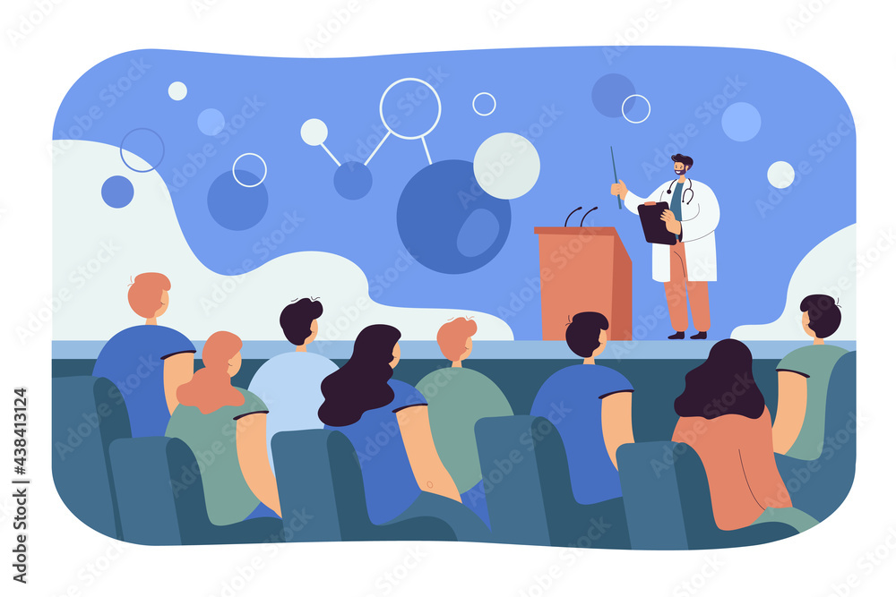 Cartoon doctor talking to audience at medical seminar. Scientist or ...