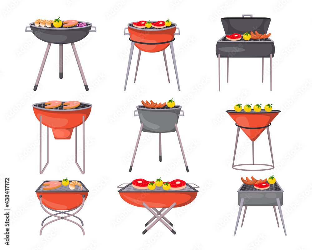 Barbecue grills cartoon illustration set. Vector collection of charcoal ...