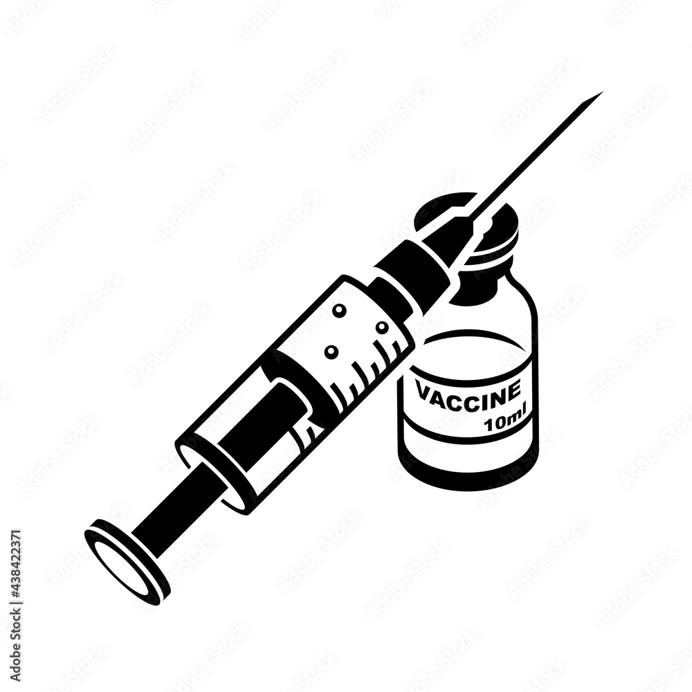 Black icon vaccination and immunization. Syringe and ampoule close-up ...