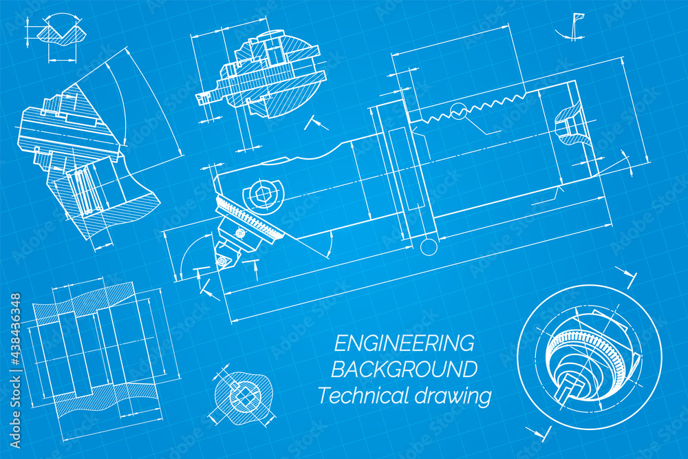 Mechanical engineering drawings on blue background. Boring bar with ...