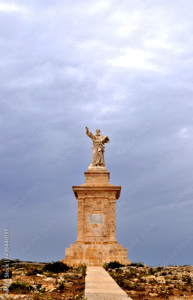 The monument of St. Paul on the island of St. Paul in Malta.This statue ...