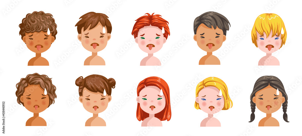 Boys and girls set emotions, feelings of badly uncomfortable, tension ...