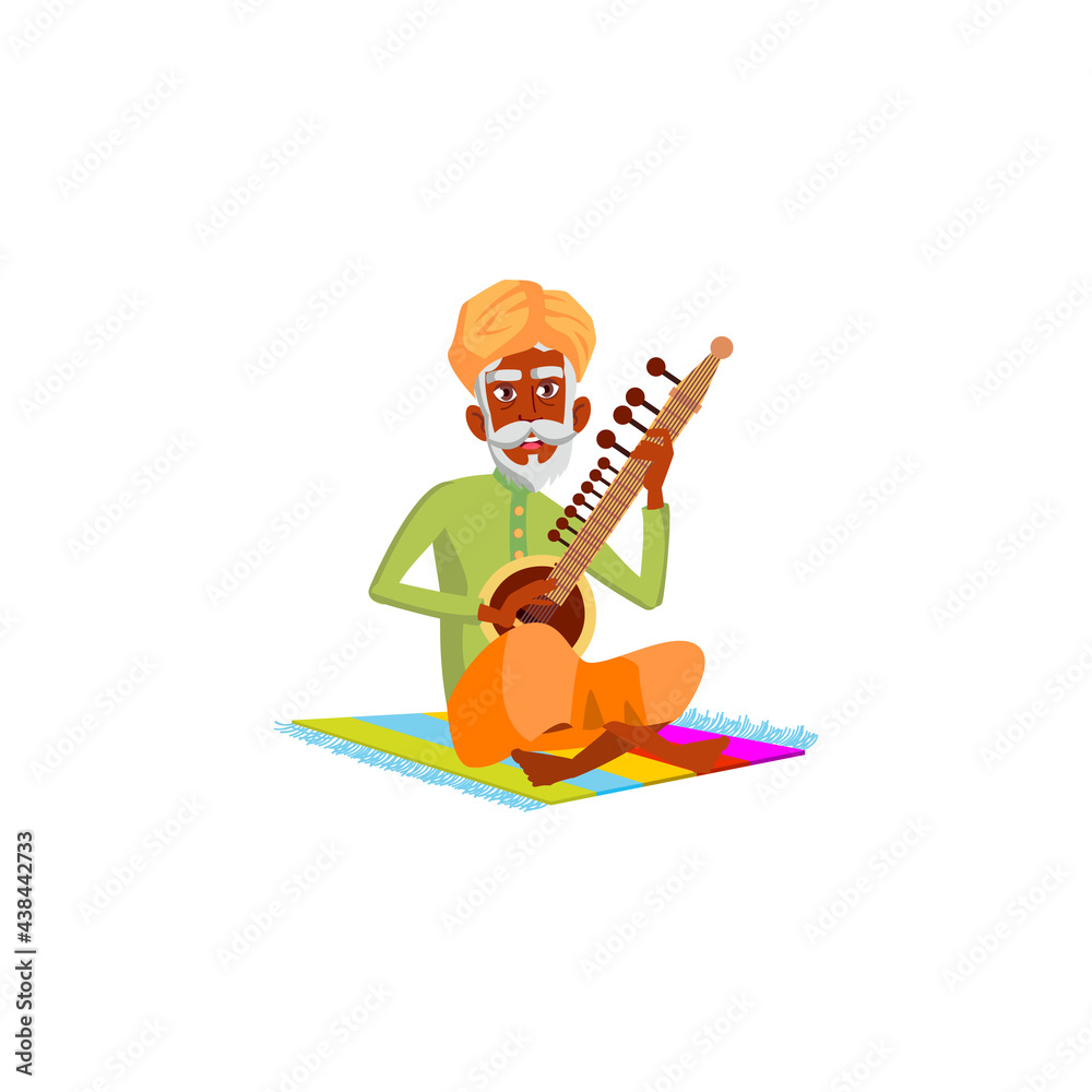 indian man pensioner playing on sitar cartoon vector. indian man ...