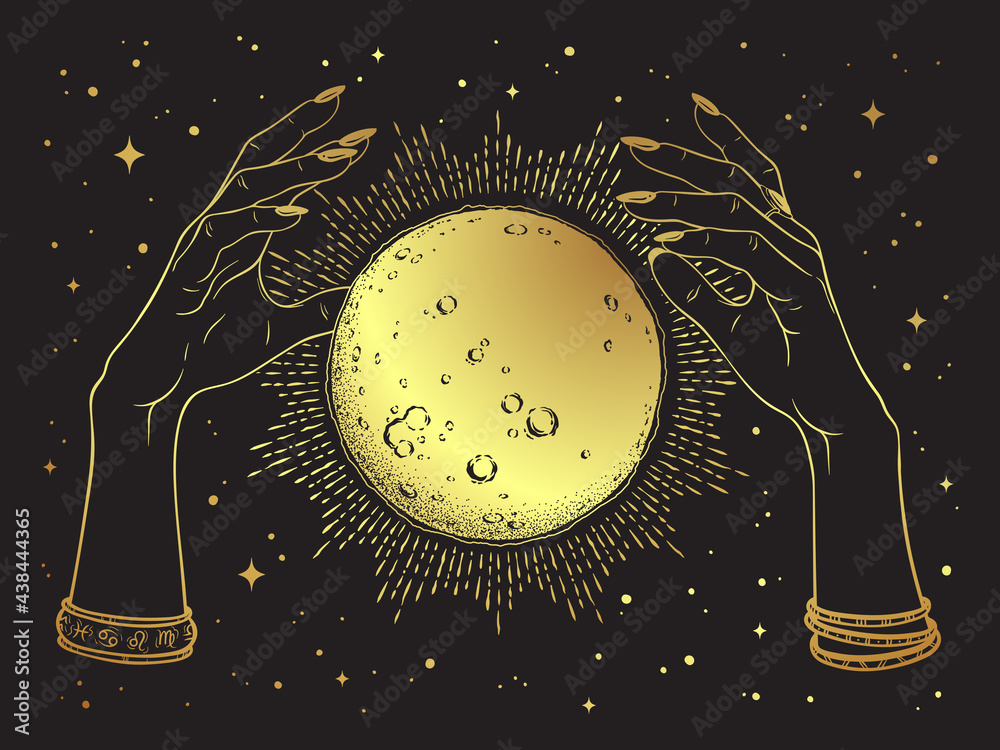 Hand drawn gold full moon with rays of light in hands of fortune teller ...