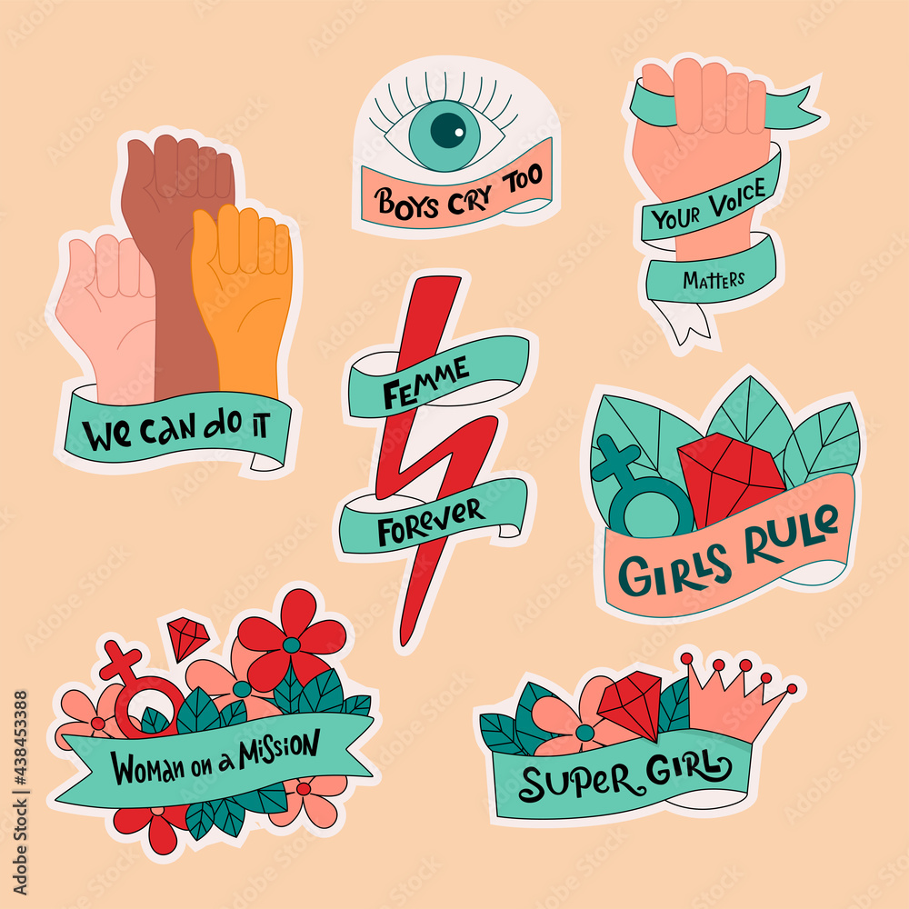 Feminist and women empowerment,diversity stickers set. Handwritten ...