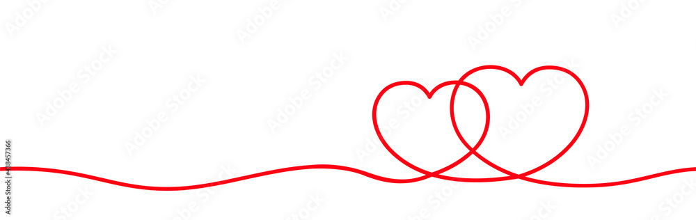 double heart shape line art continuous red, hand drawn graphic concept ...