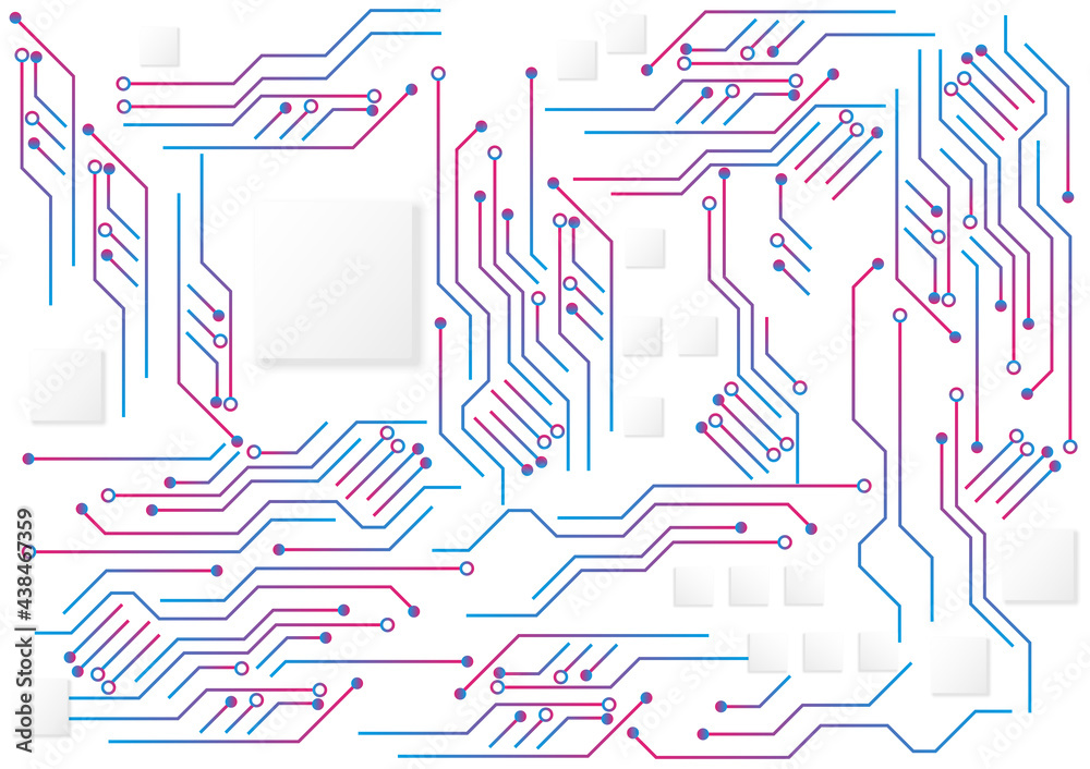 pink and blue circuit and chip electronic or electrical line on white ...