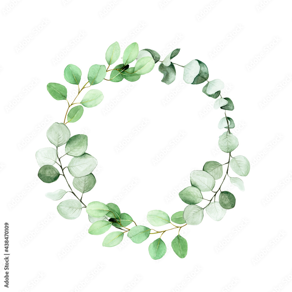 watercolor clipart, wreath of eucalyptus leaves. round frame made of ...