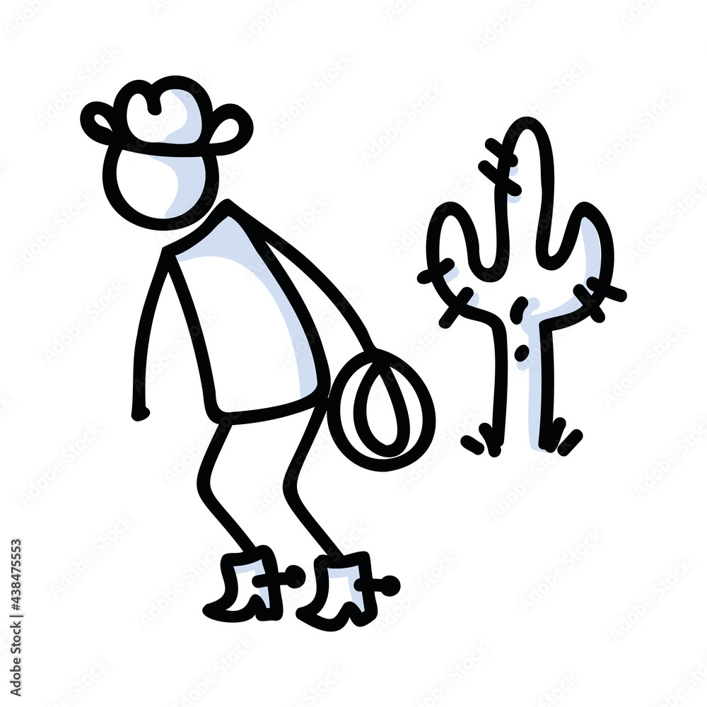 Black and white drawn stick figure of cowboy with lasso clip art. Wild ...