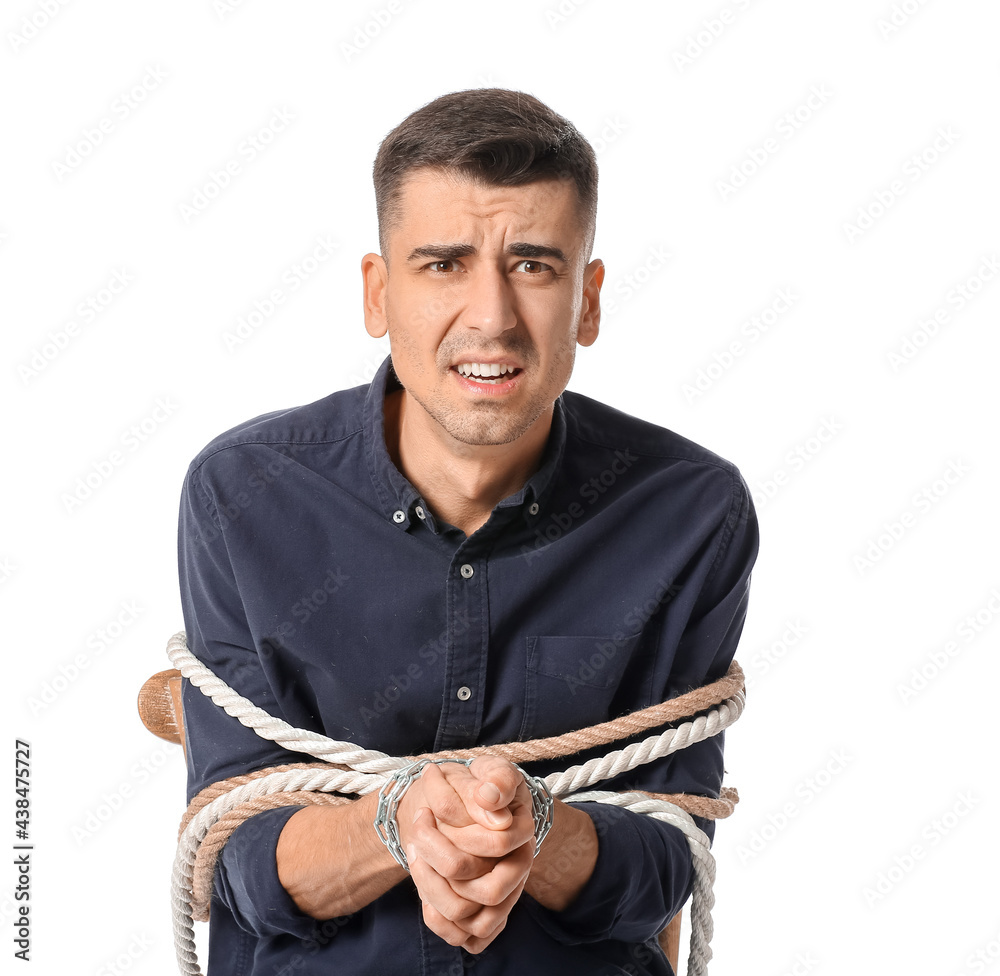 Male hostage on white background Stock Photo | Adobe Stock