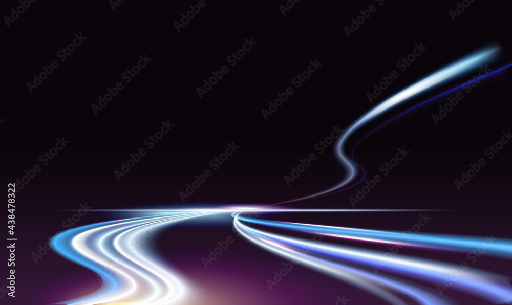 Long exposure fast car light trails on night city road vector ...