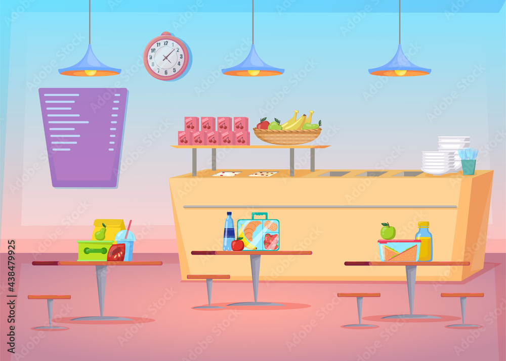 Cozy empty canteen interior cartoon illustration. Flat vector picture ...