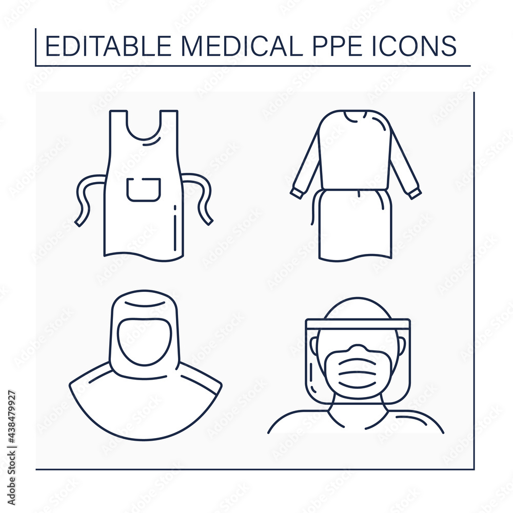 Medical PPE line icons set. Full protection, apron, face shield ...