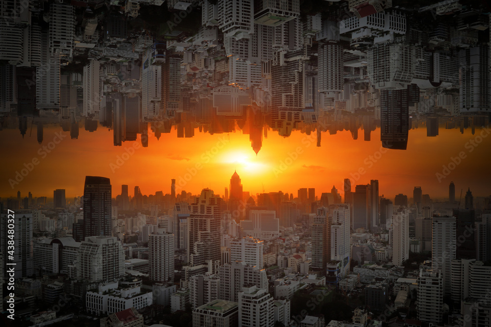 Invert City upside down with sunlight passing through at sunset Stock ...