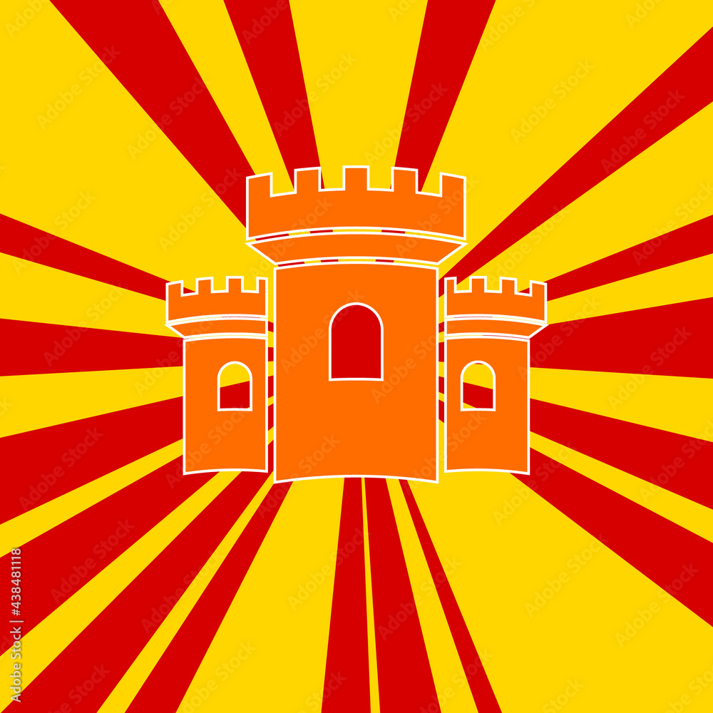 Castle symbol on a background of red flash explosion radial lines. The ...