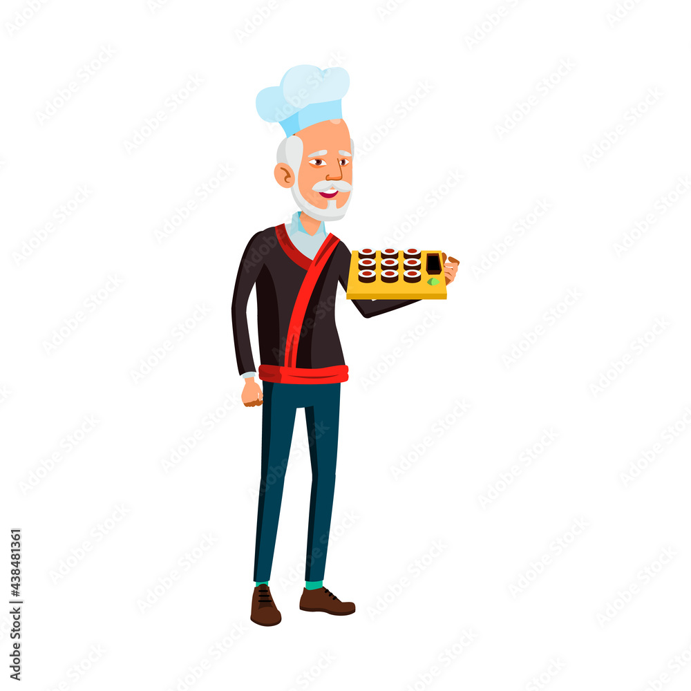 old japanese man chef holding cooked sushi in restaurant cartoon vector ...
