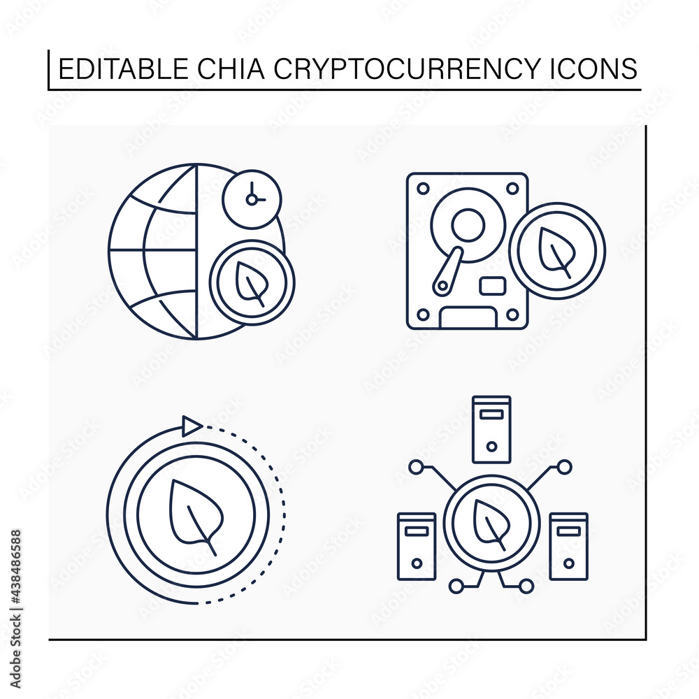 Chia cryptocurrency line icons set.Current netspace, chia plot, install ...