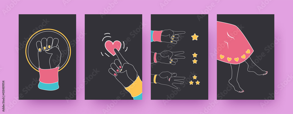 Set of contemporary art posters with hipster hands and legs. Fingers ...