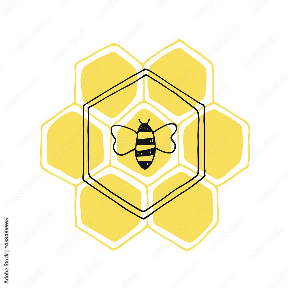 Vector bees with honeycomb. Linear hand drawn illustration is perfect ...