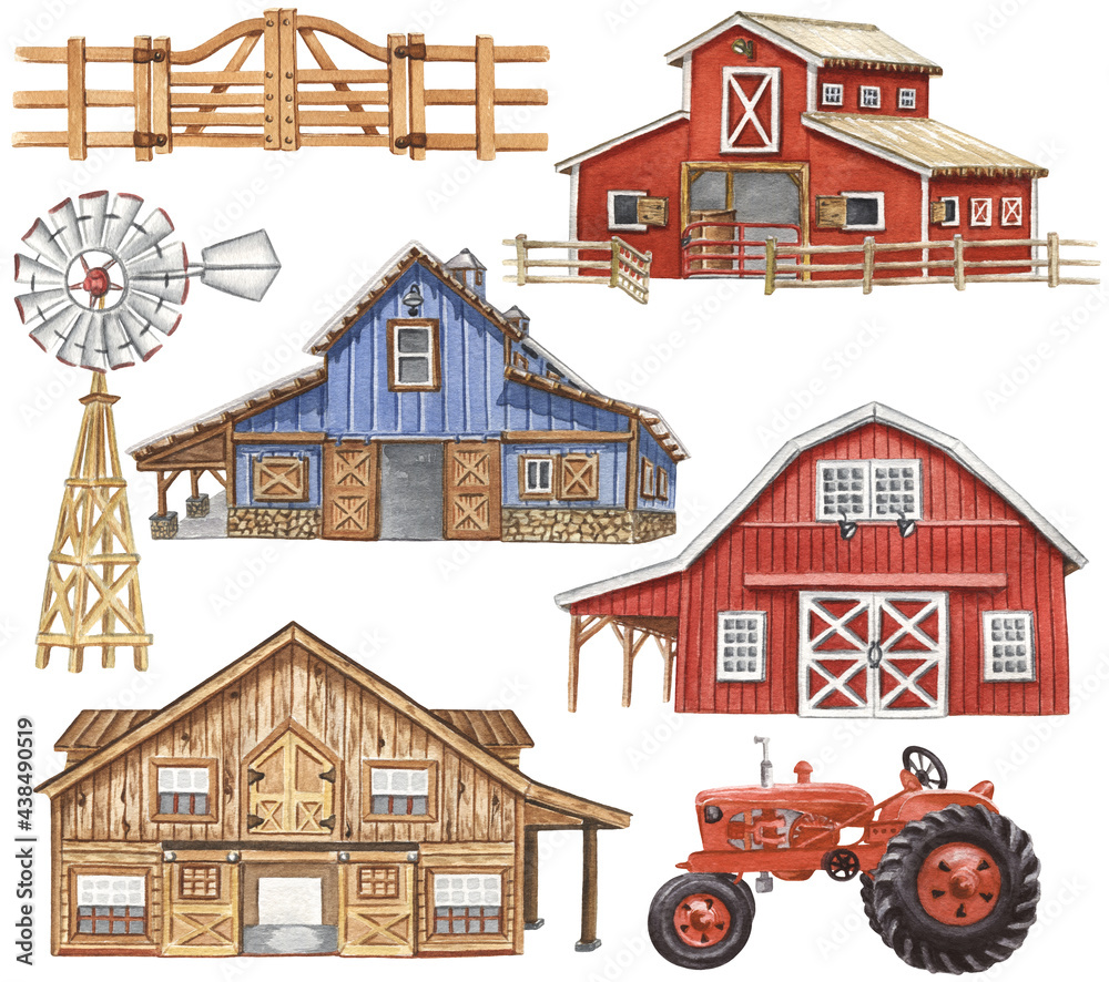 Watercolor Barns Clipart. Farm Style. Red Barn House, Horse, Tractor ...