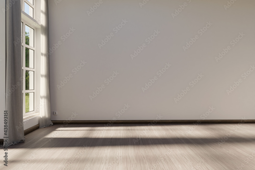large room with white wall and window; empty interior background with ...