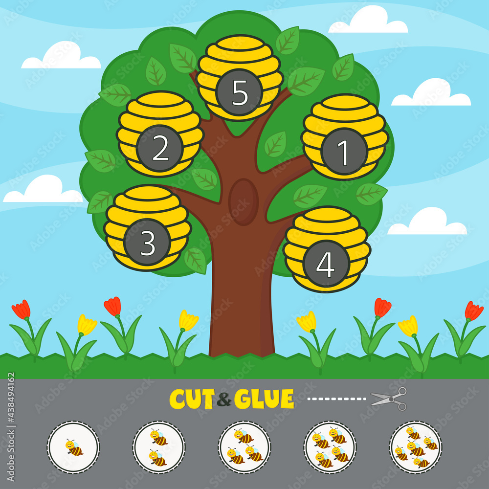 Children's matching educational game with cute bees. Cut and glue the ...