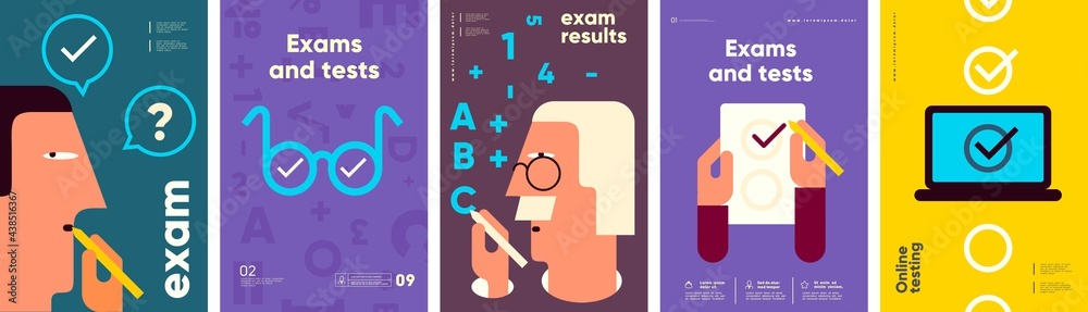 Exams and tests. Poster set. Simple vector flat illustration ...