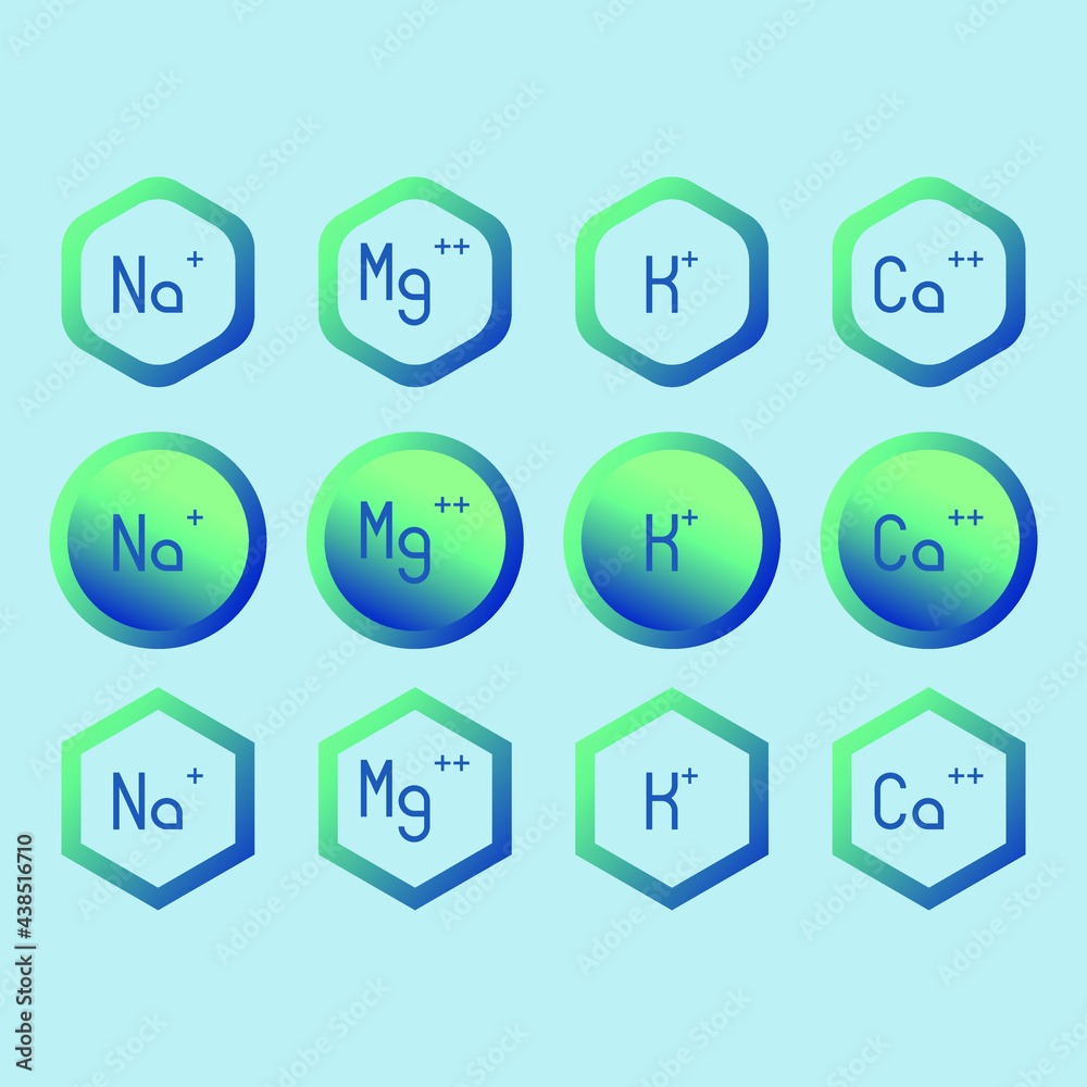 Set of ion and electrolyte modern icons - Calcium, Sodium, Magnesium ...